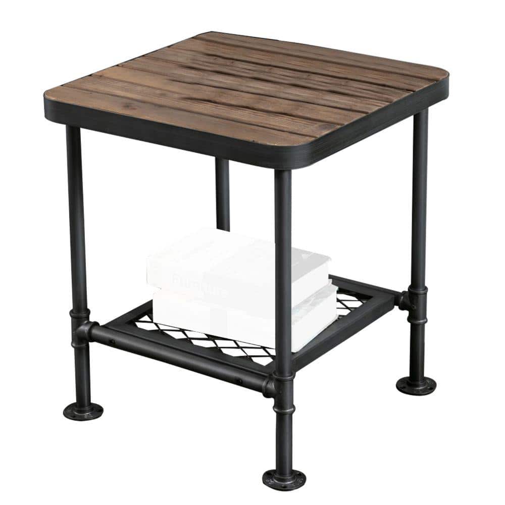 Benjara 20 in. Brown and Gray Square Wood End Table with Mesh Shelf ...