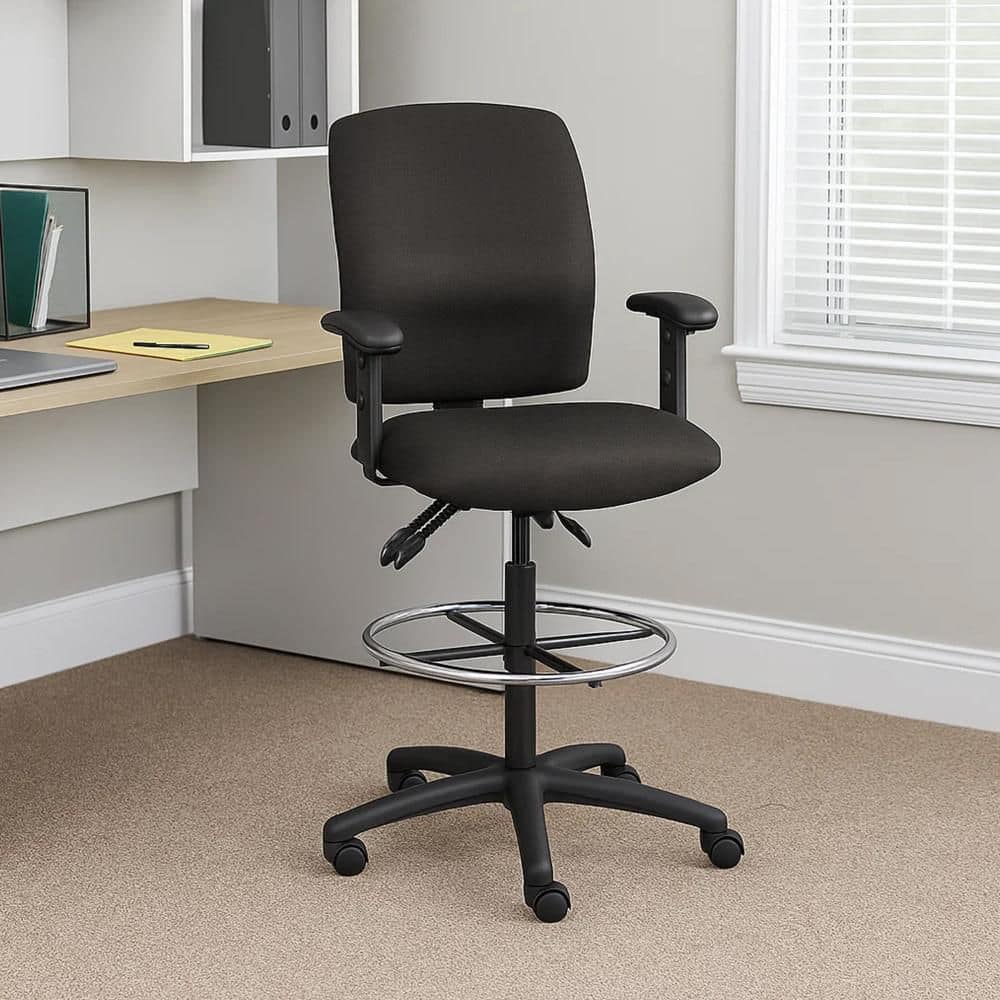 Benjara Jea Fabric Adjustable Arms Ergonomic Office Stool in Black and ...