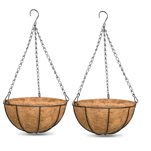 Large 12 in. Dia Black Metal Hanging Basket with Coco Liner (2-Pack ...