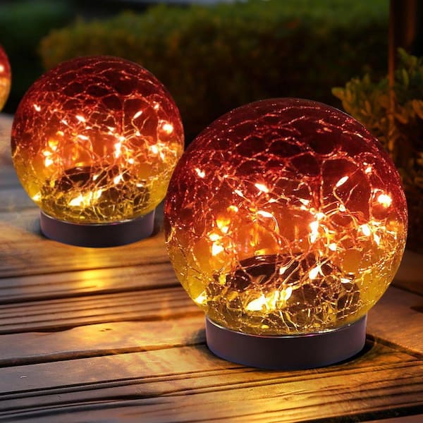 Solar Outdoor Waterproof Gradient red Cracked Glass Ball Lights, 2 Pack ...