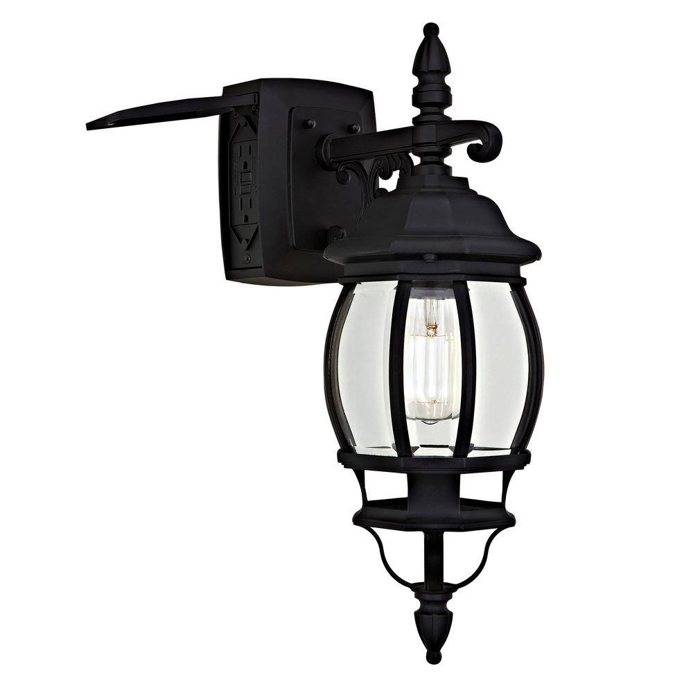 Sunbeam 1-Light Black Outdoor Wall Lantern Sconce with Integrated GFCI ...