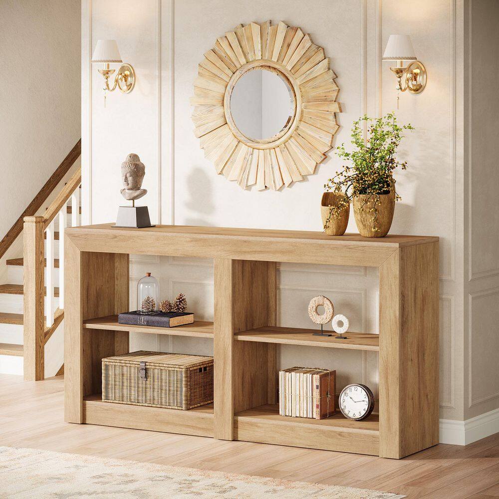 BYBLIGHT Turrella 59 in. Oak Rectangle Wood Console Table, 3-Tier ...