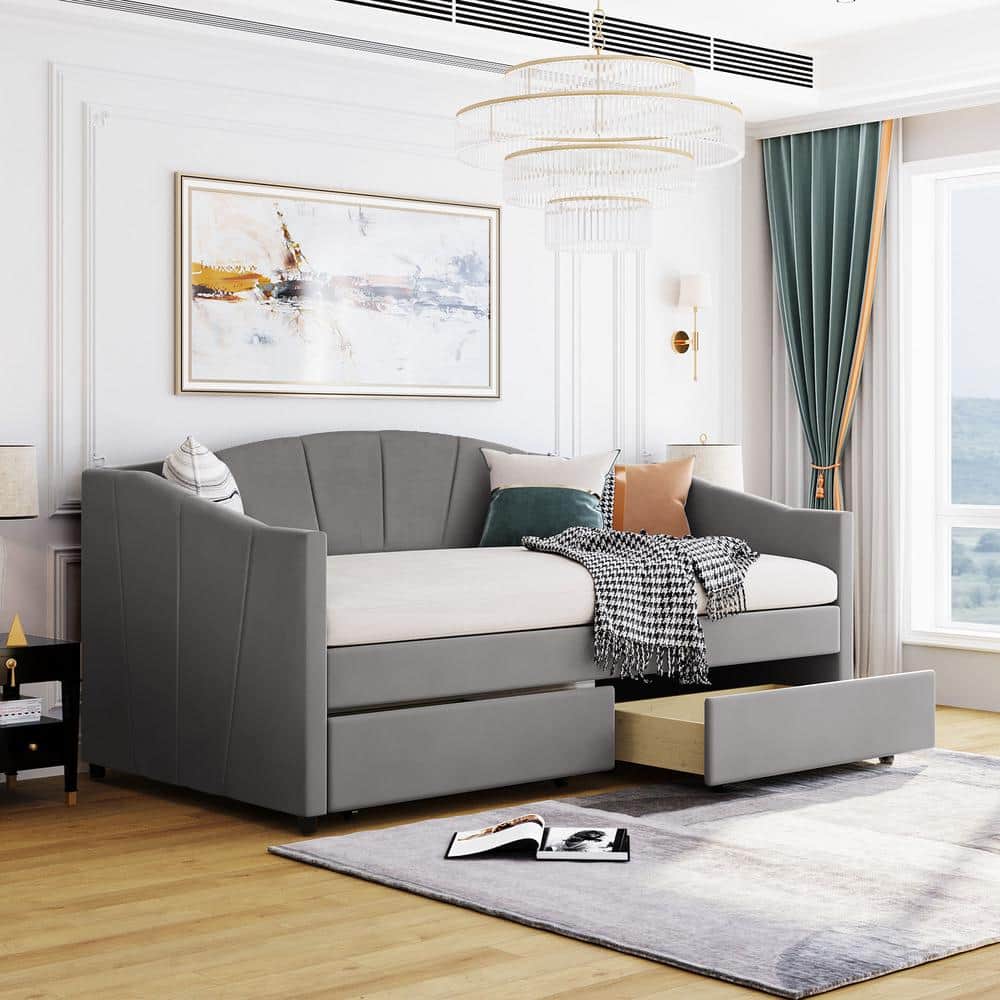 Angel Sar Gray Modern Twin Size Upholstered Daybed with Two Drawers and ...