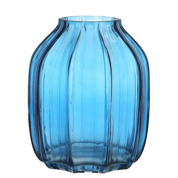 8 in. Blue Glass Vase for Flowers, Bud Tall Simple Striped Design ...
