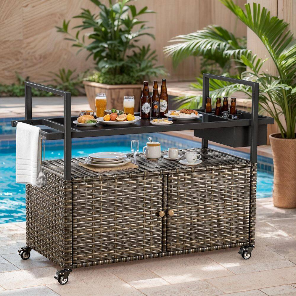 Opohoro Outdoor Bar Table Gray PE Wicker Bar Cart with Cabinet Patio ...