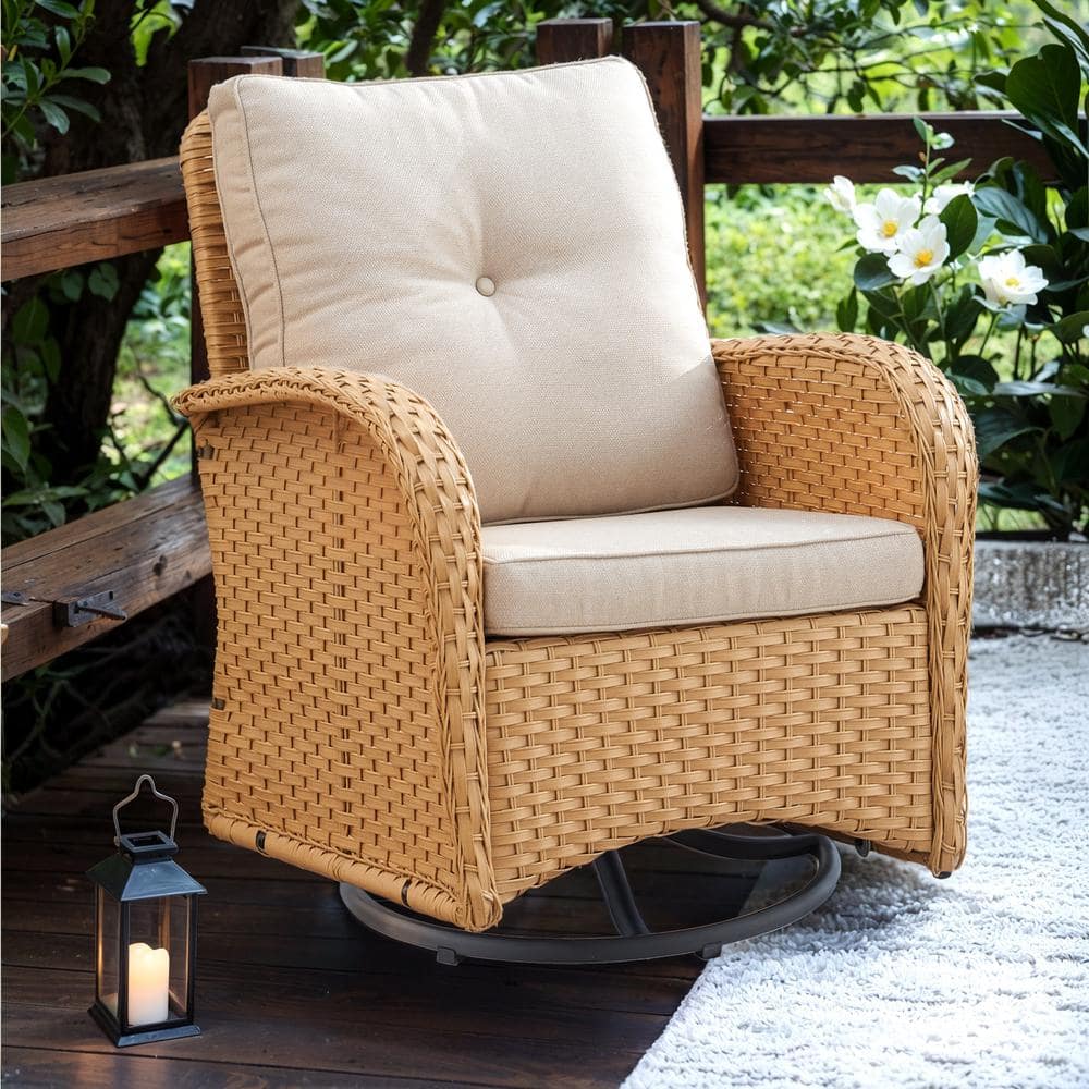 moosprr SleekArm Yellow Swivel Wicker Outdoor Rocking Chair with Beige ...