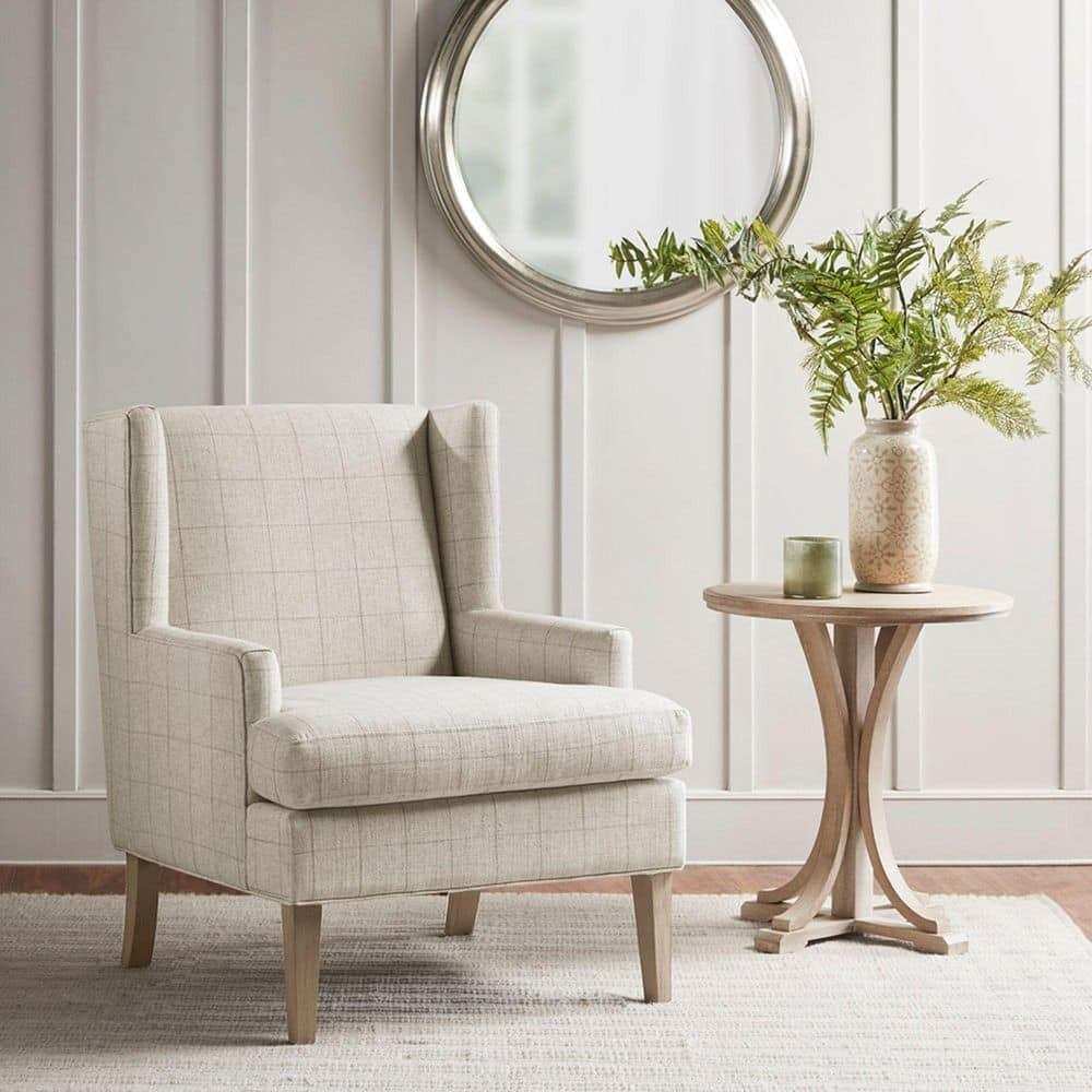 Noble House Wyrick Modern Beige Plaid Pattern Fabric Upholstered Accent ...