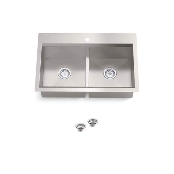 KOHLER Lassen 33 in. Drop-in Double Bowl Stainless Steel Kitchen Sink ...