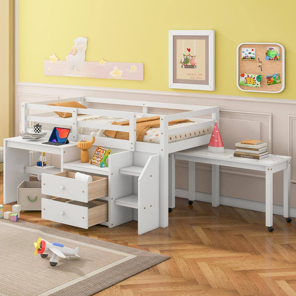 Harper & Bright Designs White Twin Size Wood Low Loft Bed with Built-in ...