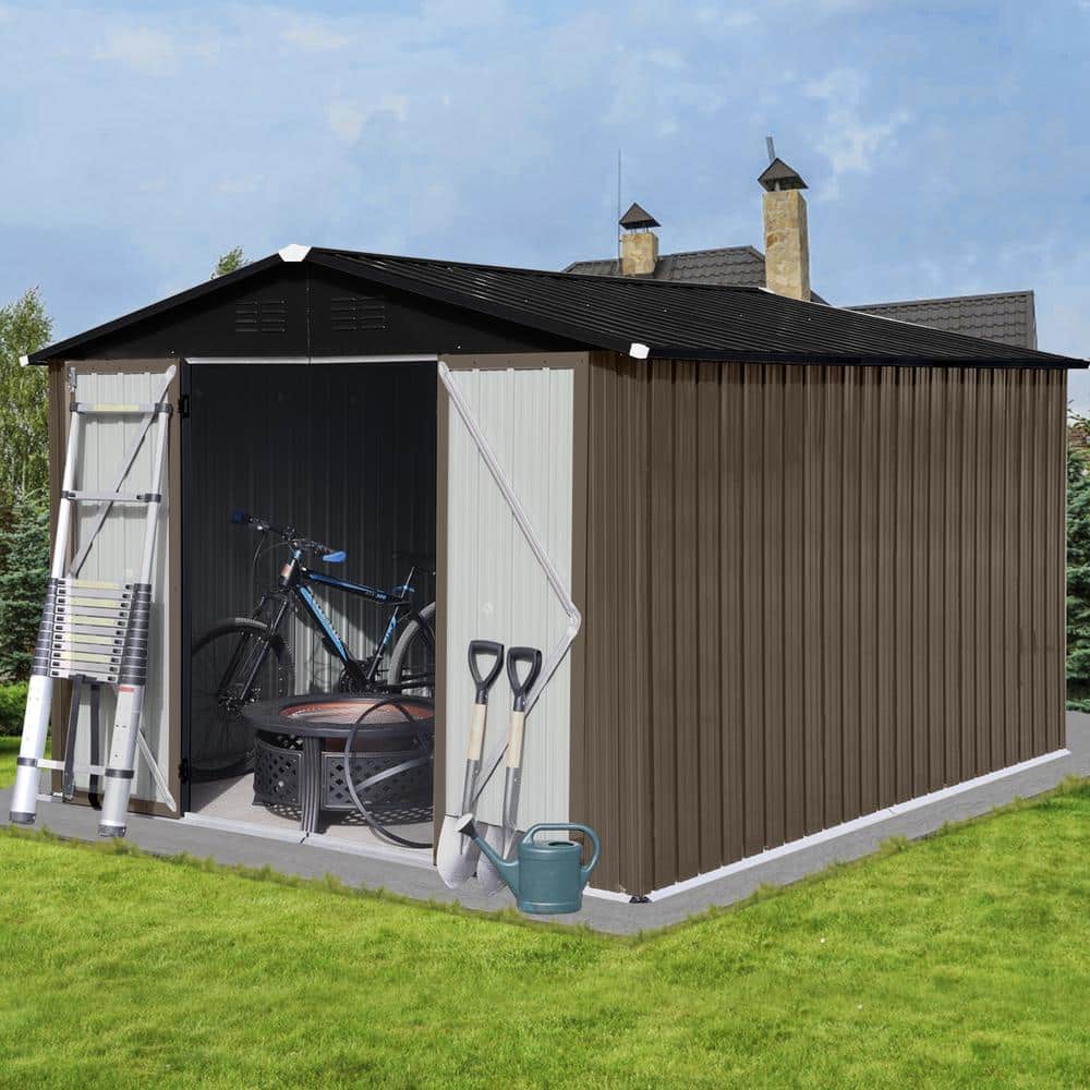 Brown 10 ft. W x 8 ft. D Outdoor Metal Shed Type with 2 Vents Lockable ...