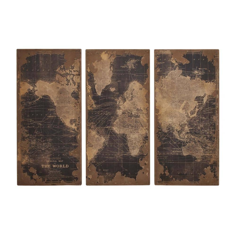 PRIVATE BRAND UNBRANDED Wood Black World Map Wall Decor (Set of 3 ...