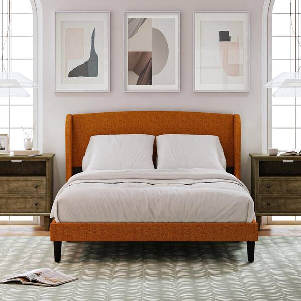 JAYDEN CREATION Eckhard Orange Upholstered Wingback Full Platform Bed ...