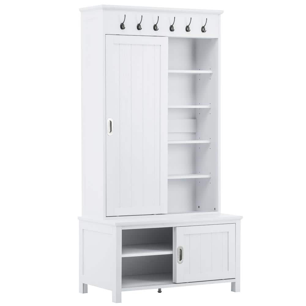 URTR White Hall Tree with Sliding Doors, Wooden Hallway Shoe Cabinet ...