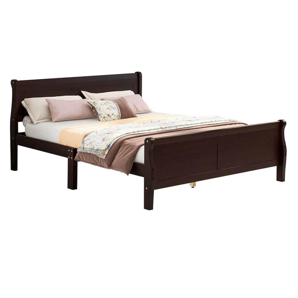 Polibi 57 in. W Espresso Full Solid Wood Sleigh Bed with Headboard and ...