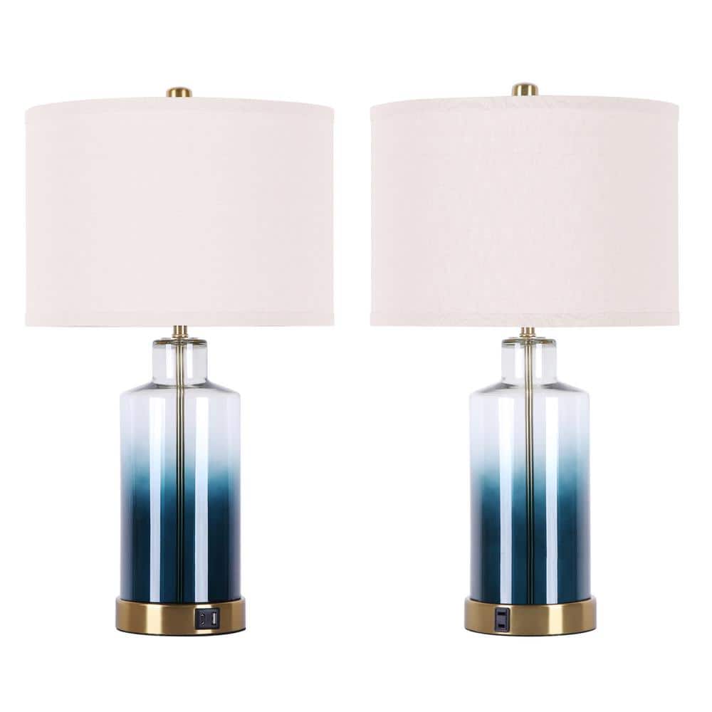 Myfoi 23.2 in. Blue Glass Table Lamp with USB Ports and Outlets (Set of ...
