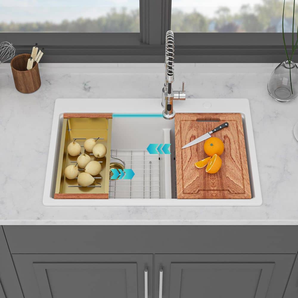 Qidian 33 in. Drop-in Double Bowl (60/40) White Quartz Workstation ...