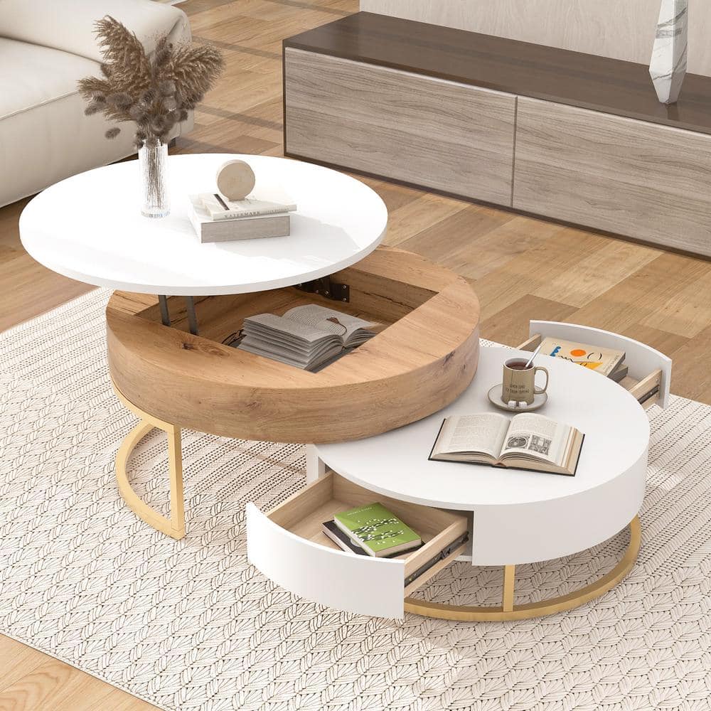 31.5 in. White Round Modern MDF Nesting Coffee Table with Drawers for Living Room Kobe-Br61 ...