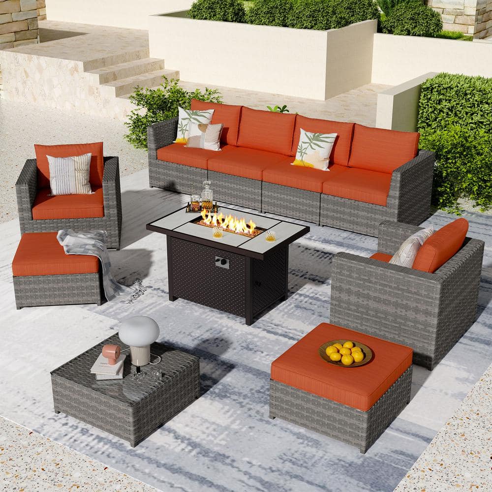 XIZZI Ontario Lake Gray 10-Piece Wicker Outdoor Patio Rectangular Fire ...
