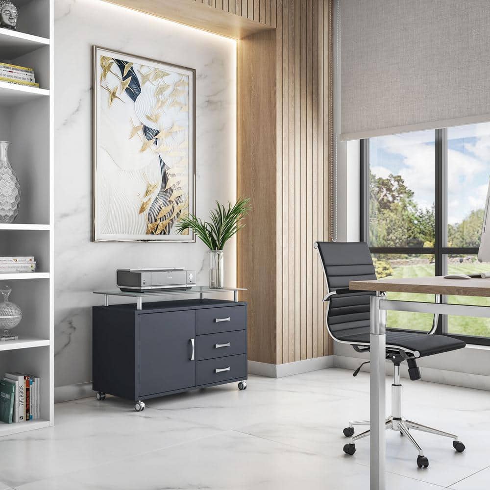 TECHNI MOBILI Graphite Rolling Storage Cabinet with Frosted Glass Top ...