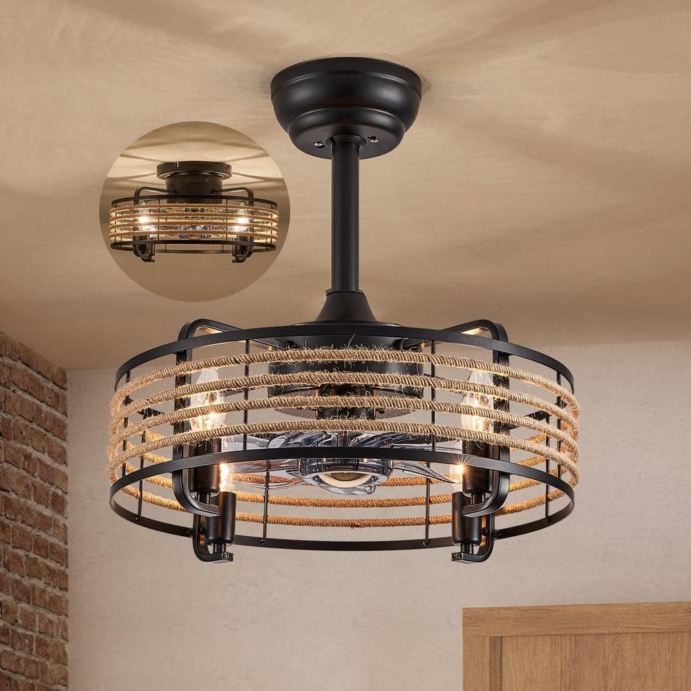ANTOINE 17 in. 4-Light Indoor Rustic Black Caged Ceiling Fan with Light ...