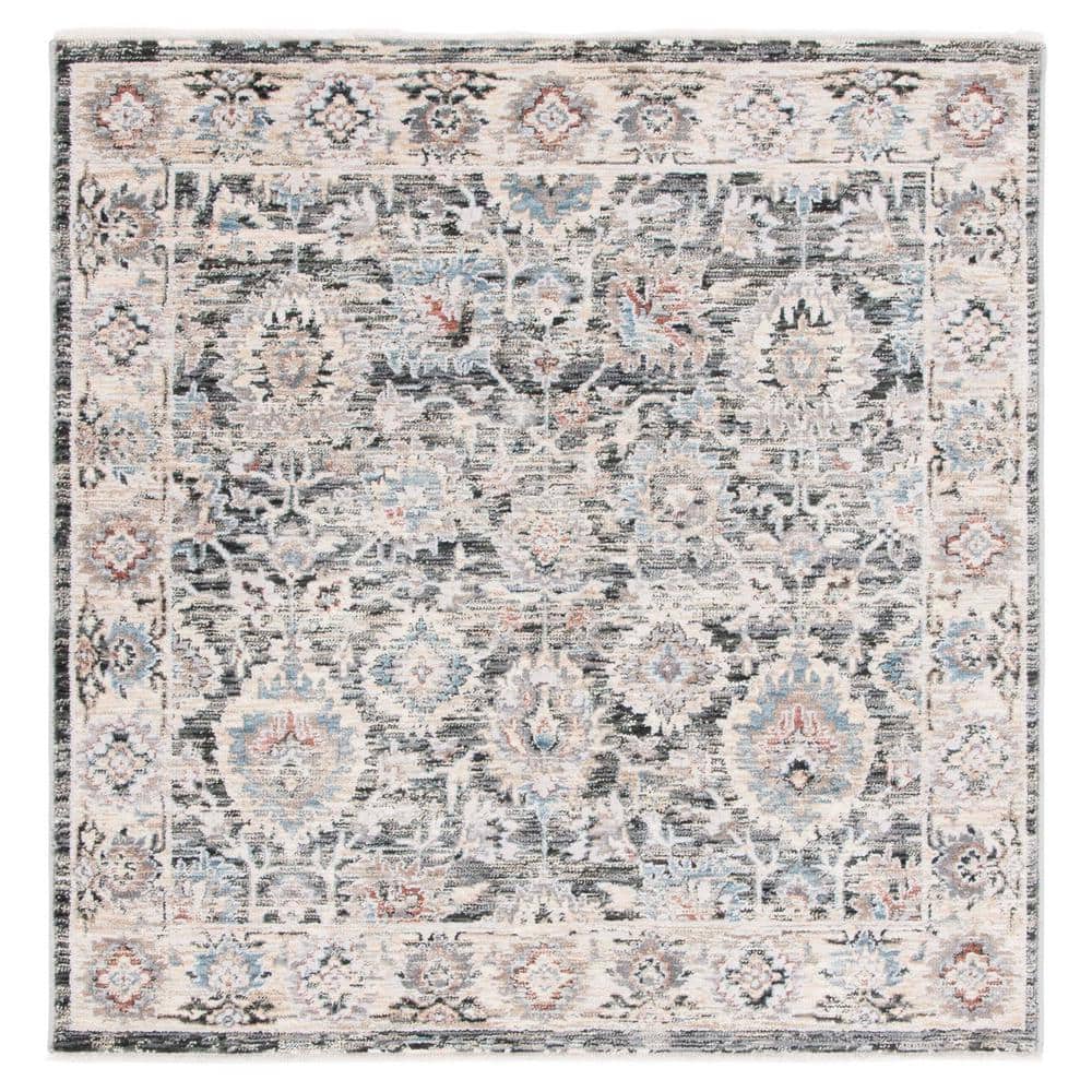 SAFAVIEH Artifact Charcoal/Ivory 4 ft. x 4 ft. Distressed Floral Border ...