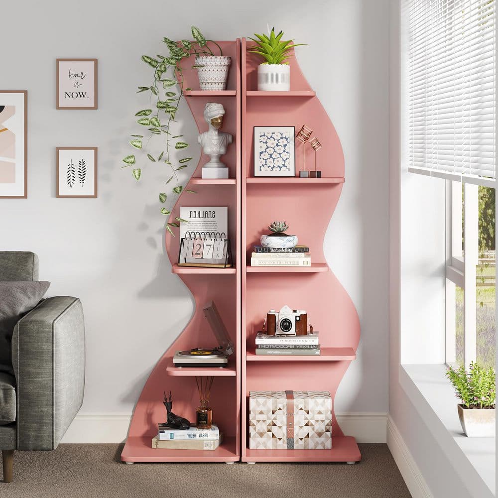 BYBLIGHT Eulas 69.8 in. Tall Pink Wood 5-Shelf Standard Bookcase Corner ...