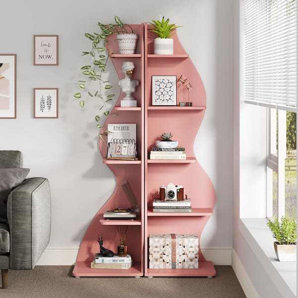 BYBLIGHT Eulas 69.8 in. Tall Pink Wood 5-Shelf Standard Bookcase Corner ...