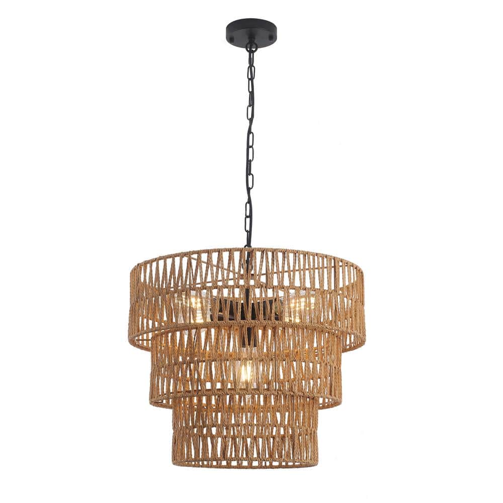 Rviezza 20 in. 3-Tier Light Fixtures 5-Light Boho Hand-Woven Rattan ...