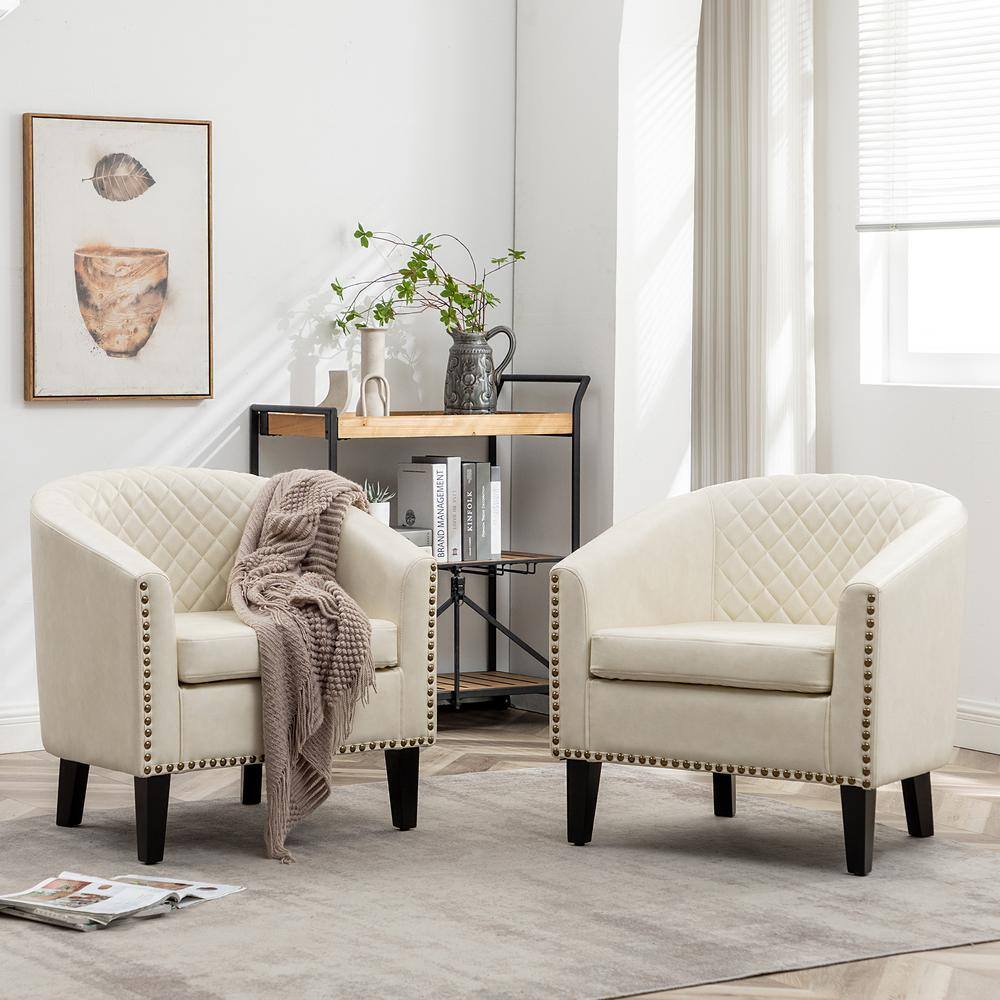 KINWELL Cream Tufted Faux Leather Small Club Bar Barrel Chair Set of 2 ...