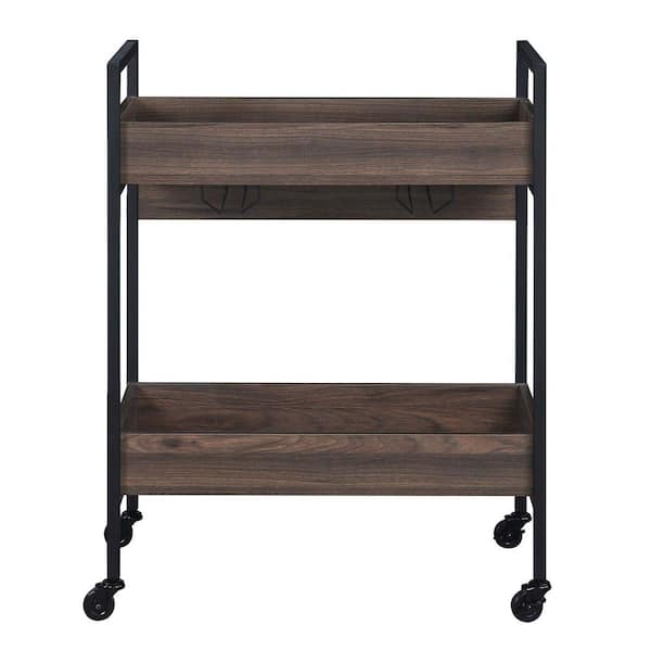 28 in. Brown Wood Kitchen Cart With Black Metal Frame and 2-Tier Shelf ...