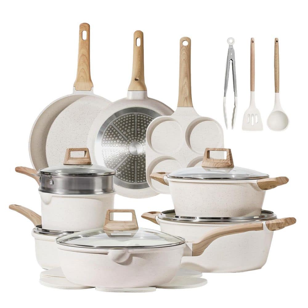 Numhew 21-Pieces White Granite Pots and Pans Set, Nonstick Cookware ...