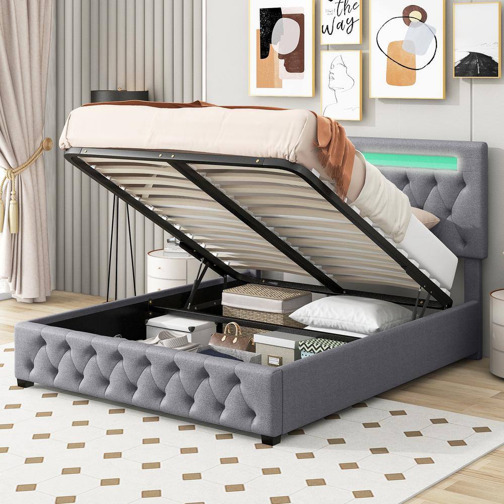 Harper & Bright Designs Gray Wood Frame Queen Size Upholstered Platform ...