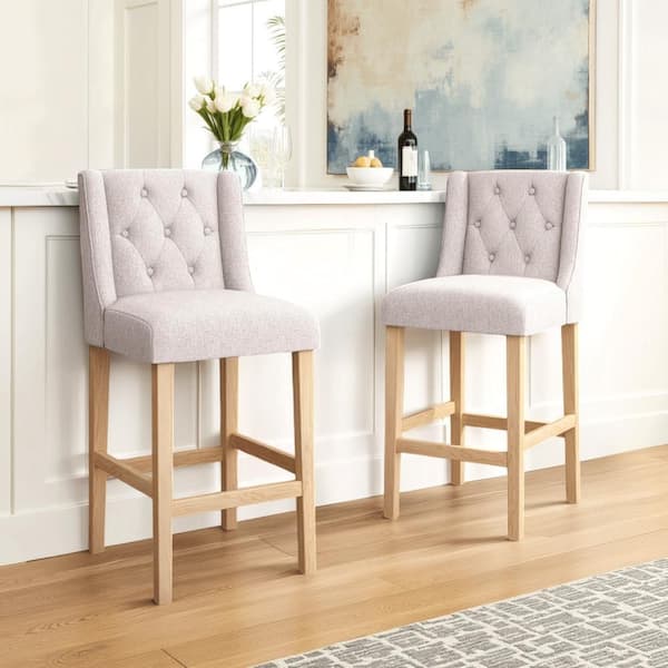 Benjara Seliva Beige and Natural Brown Wood Frame Barstool Chair with ...