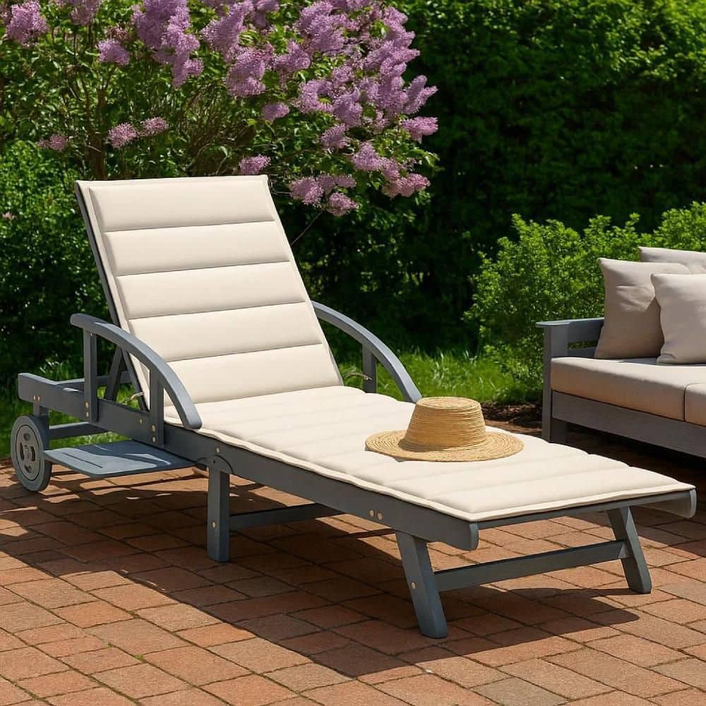 Benjara Gray Wood Frame Adjustable Outdoor Chaise Lounge with Cream ...