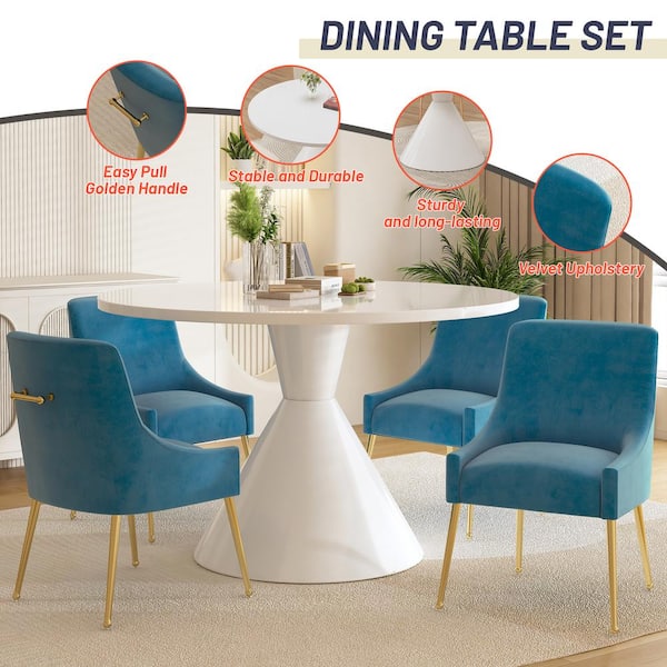 White dining table with blue chairs store