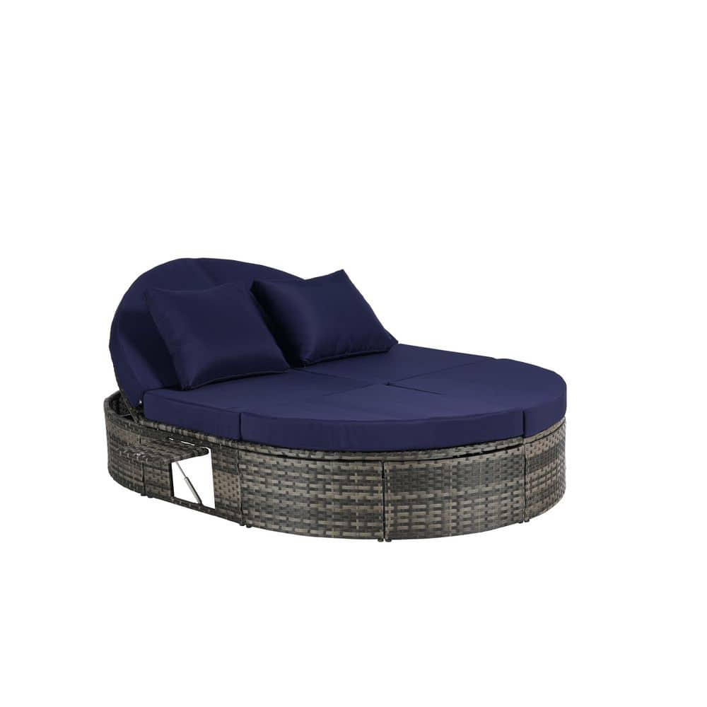 Sudzendf Wicker Outdoor Round Day Bed with Dark Blue Cushions and ...