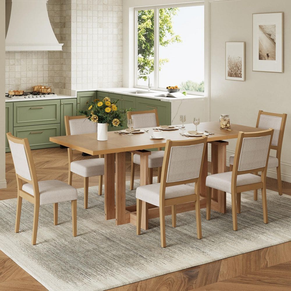 Polibi 7-Piece Extendable Natural/Beige Wood Top Dining Table Set with ...