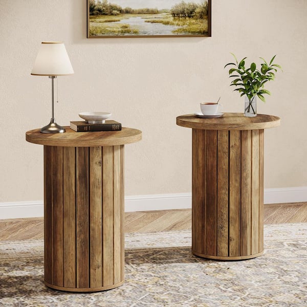 BYBLIGHT Kerlin 2-Pieces 19.7 in. Brown Cylindrical Side Table, Round ...