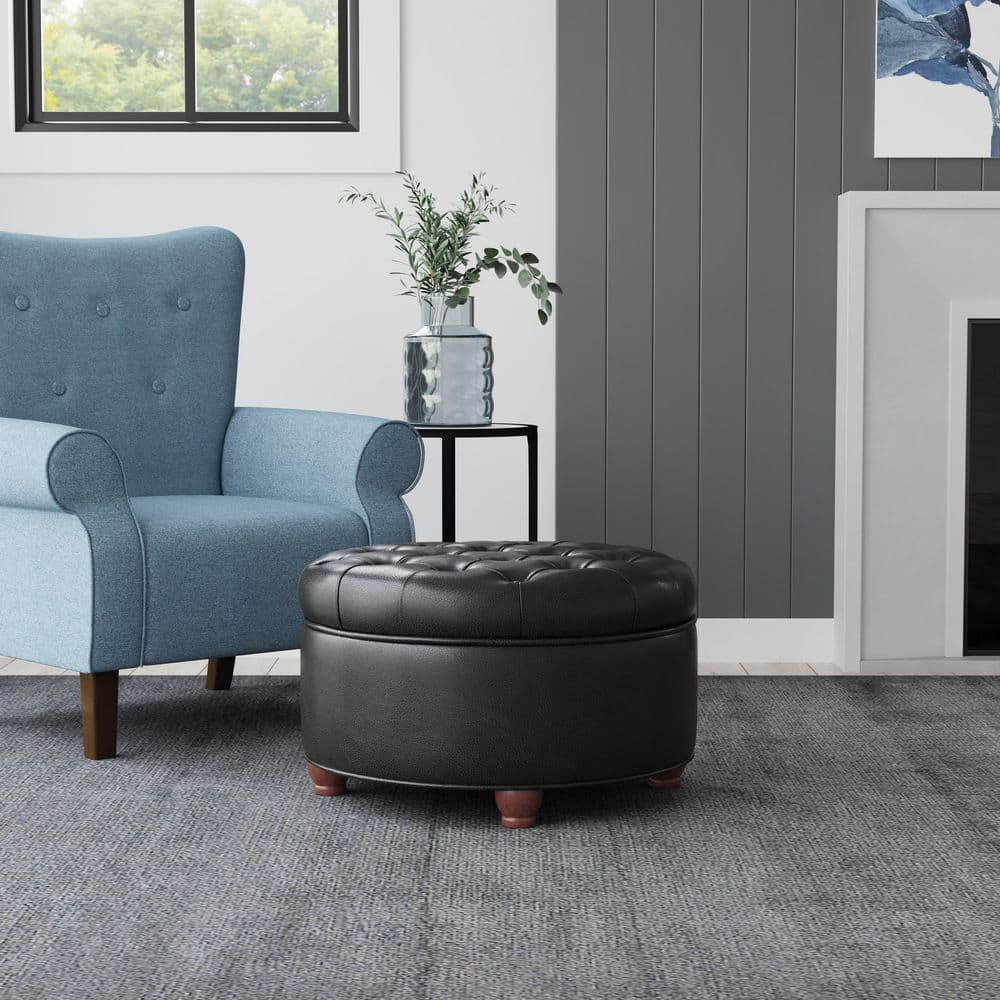 Homepop Black Faux Leather Button Tufted Round Storage Ottoman N8264 ...