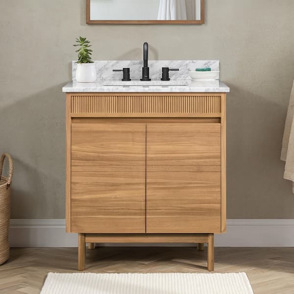 Avanity Kayla 31 in. Single Sink Natural Teak Bath Vanity with Carrara ...