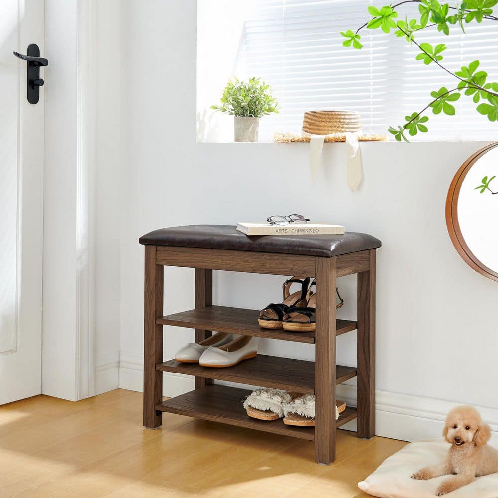 Seafuloy 24 in. Brown Adjustable Height Shoe Bench with Storage ...