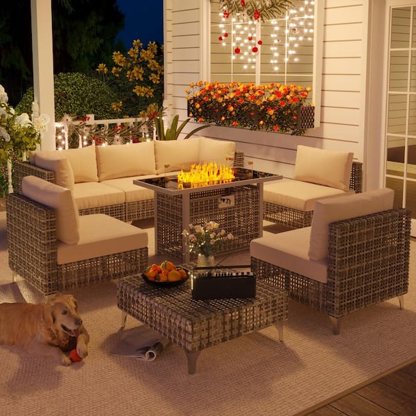 AUTMOON 8-Piece Patio Propane Fire Pit Set, 6-Person Outdoor ...