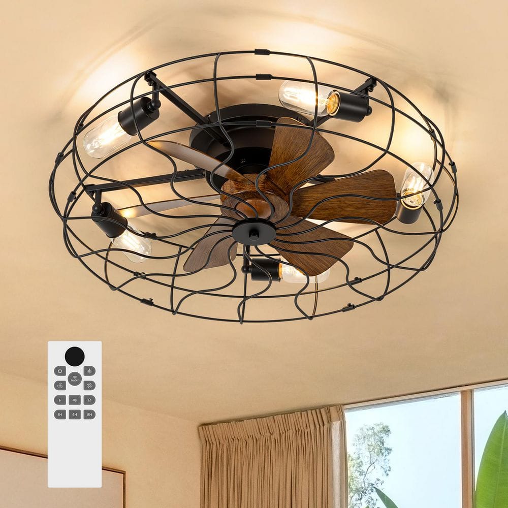 Breezary Lemar 23.6 in. Indoor LED Black Flush Caged Farmhouse Ceiling ...