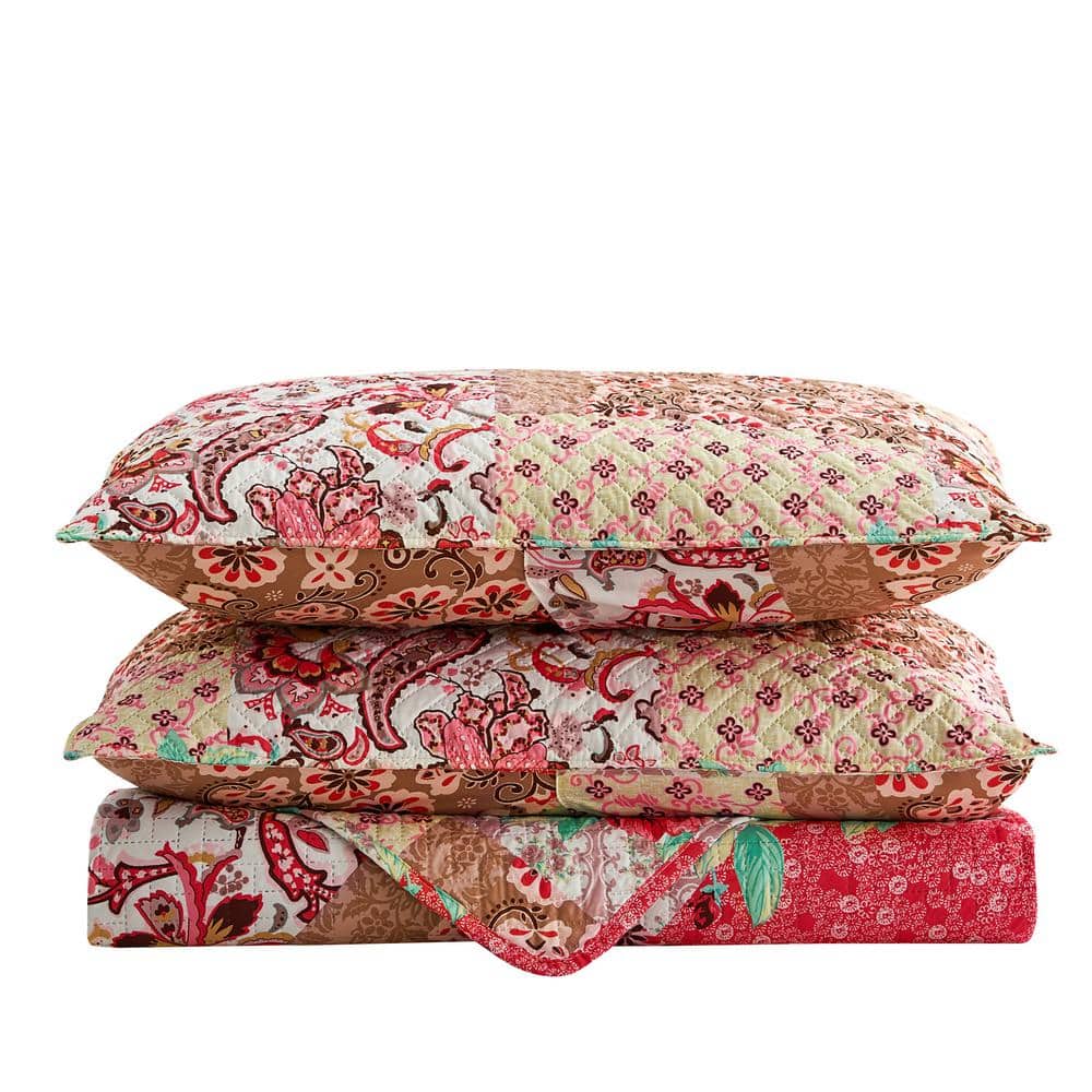 JML 3-Piece Red Patchwork Reversible Microfiber Queen Size Quilt Set ...