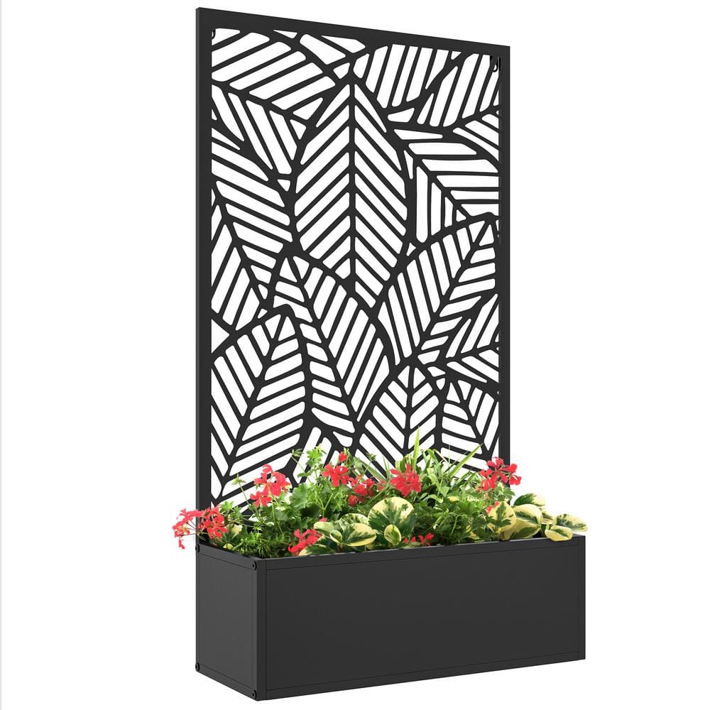 Outsunny Outdoor Privacy Screen with Planter Box, Black, Metal Privacy ...