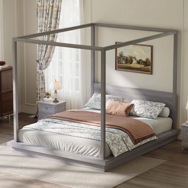 Harper & Bright Designs Modern Gray Wood Frame King Size Platform Bed ...