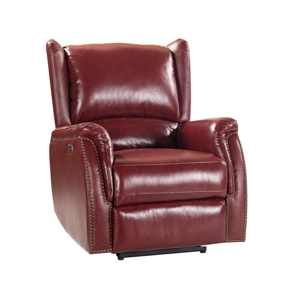 ARTFUL LIVING DESIGN Adela Burgundy Genuine Leather Power Recliner with Nailhead Trim LBL5245 BURGUNDY The Home Depot