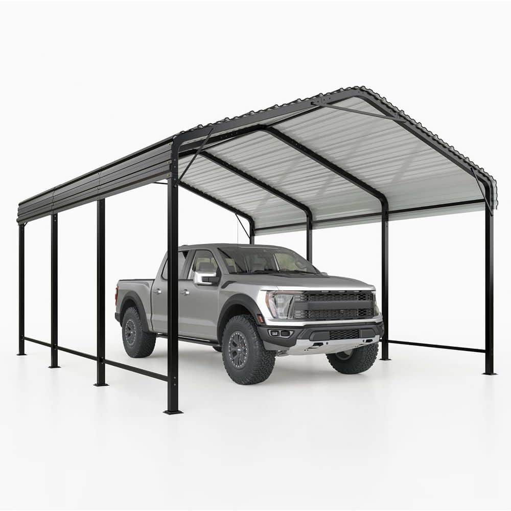 VIWAT 10 ft. W x 15 ft. D Metal Carport with Enhanced Base Outdoor Heavy Duty Garage Galvanized ...