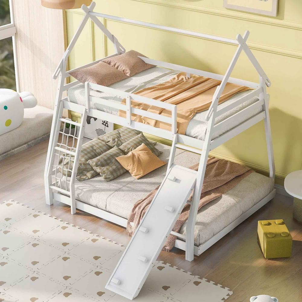 Polibi White Twin Over Queen House Bunk Bed with Climbing Nets and ...