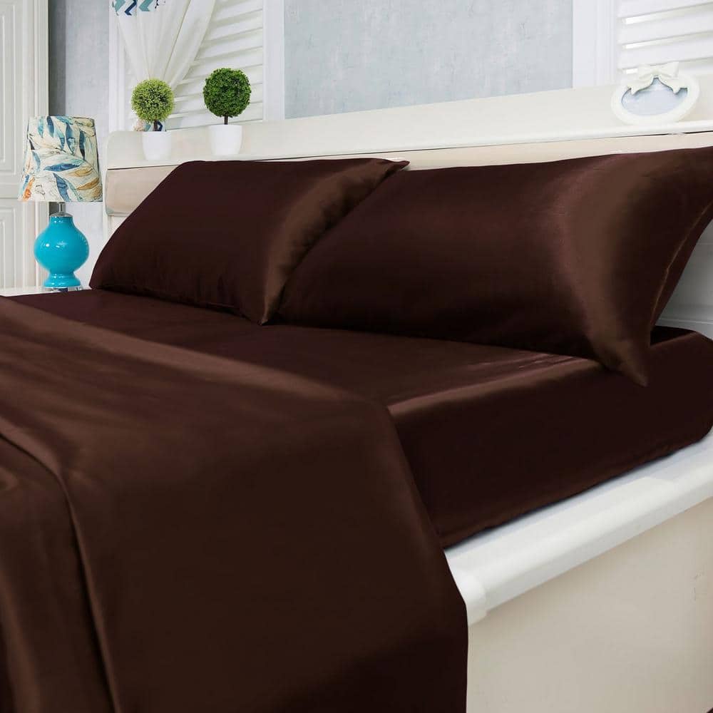 Luxury Home 4-Piece Brown-Chocolate Solid Satin Microfiber Queen Ultra ...